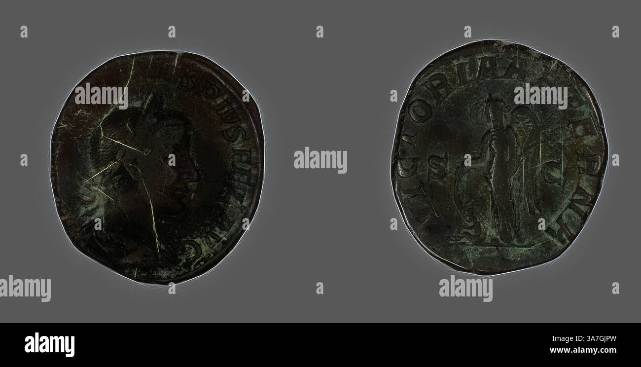 An ancient coin featuring a profile of a ruler on one side and a figure ...