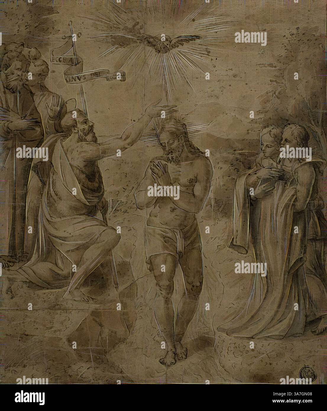 A spiritual scene portraying the baptism of Christ, where John the ...