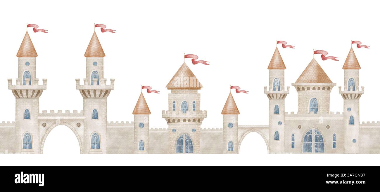 Watercolor illustration of a medieval Castle with tall towers, arched ...