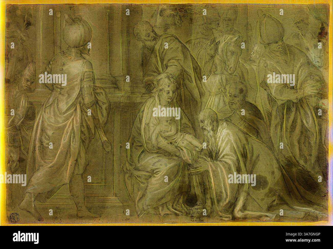 A scene depicting a solemn gathering, where figures in elaborate attire ...