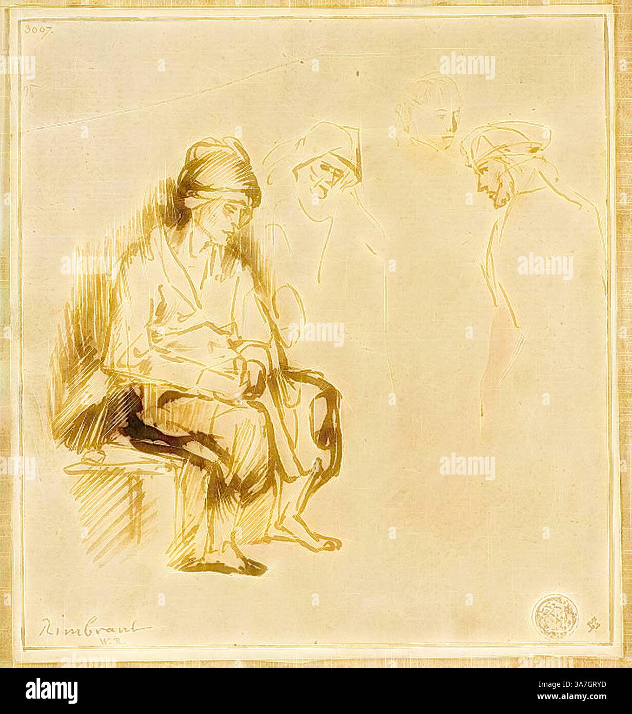 A seated figure gently cradles a child, while faint outlines of three ...