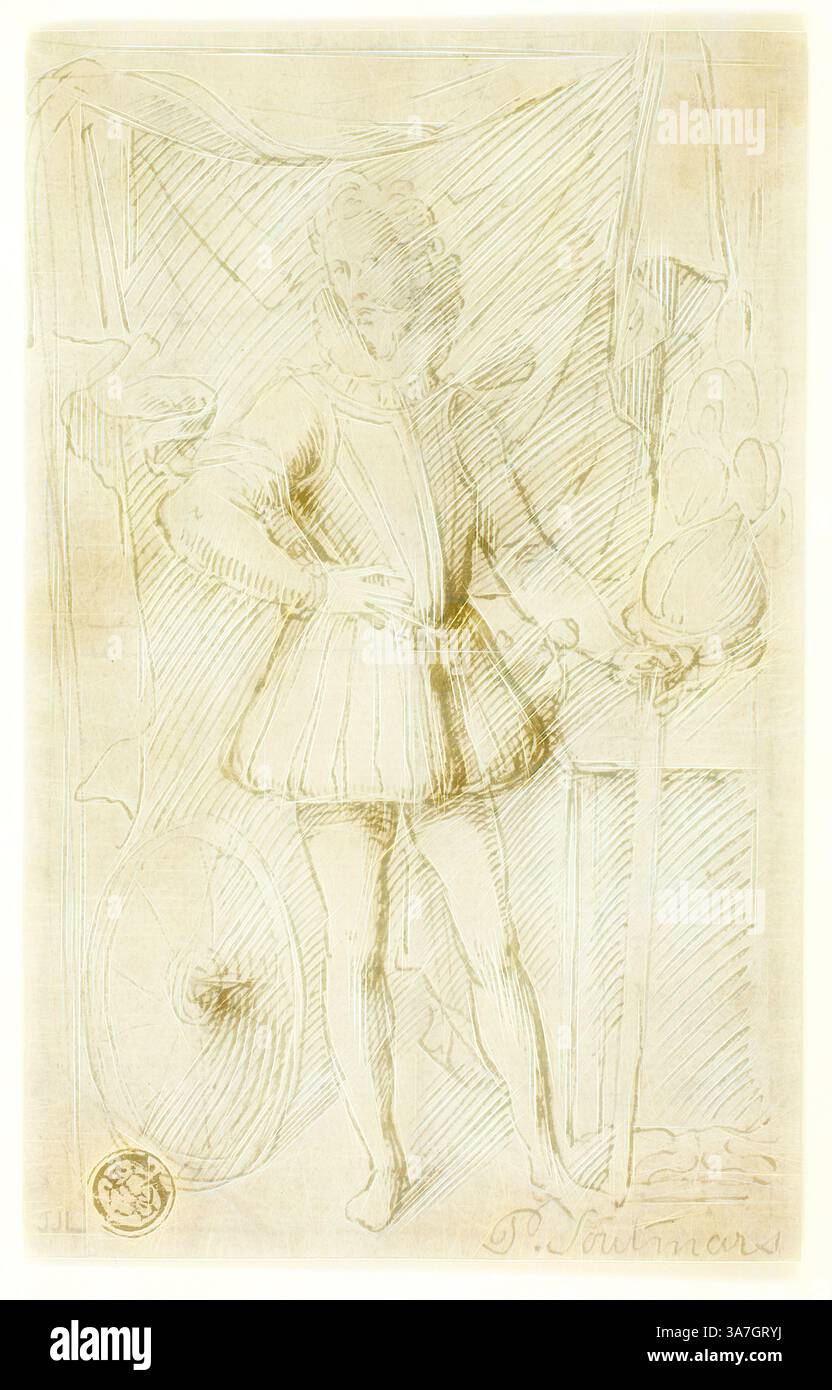 A figure stands confidently with a sword, adorned in a ruffled outfit ...