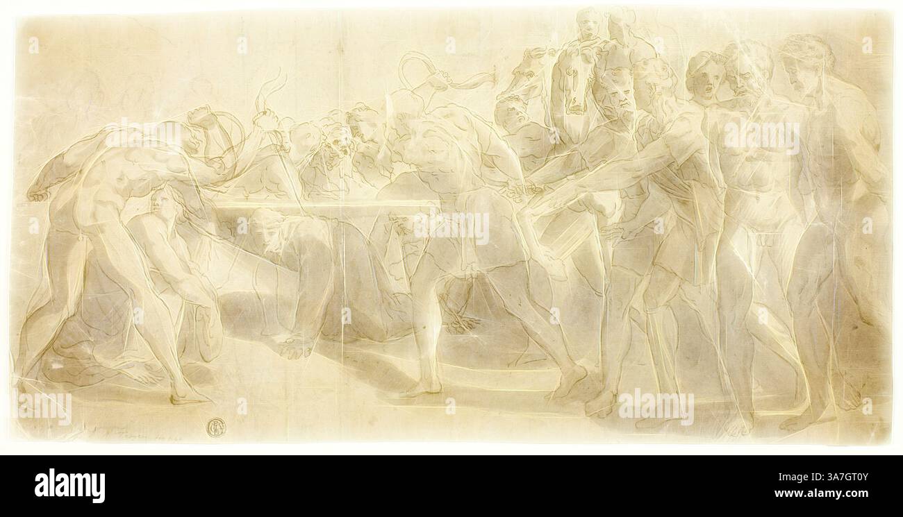 A dynamic scene depicts figures engaging in a dramatic struggle ...