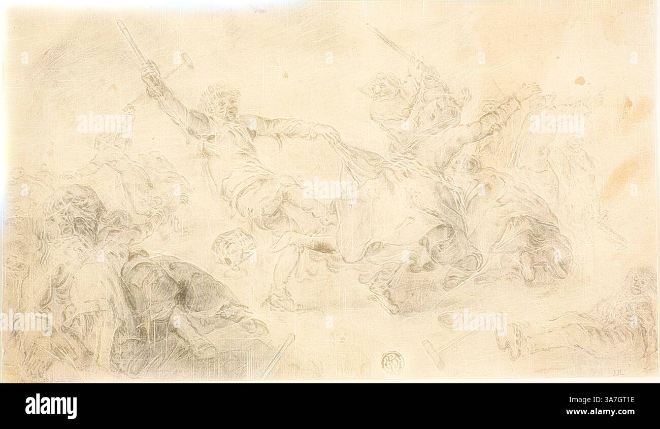 A dramatic scene depicting an intense battle, with figures in dynamic ...