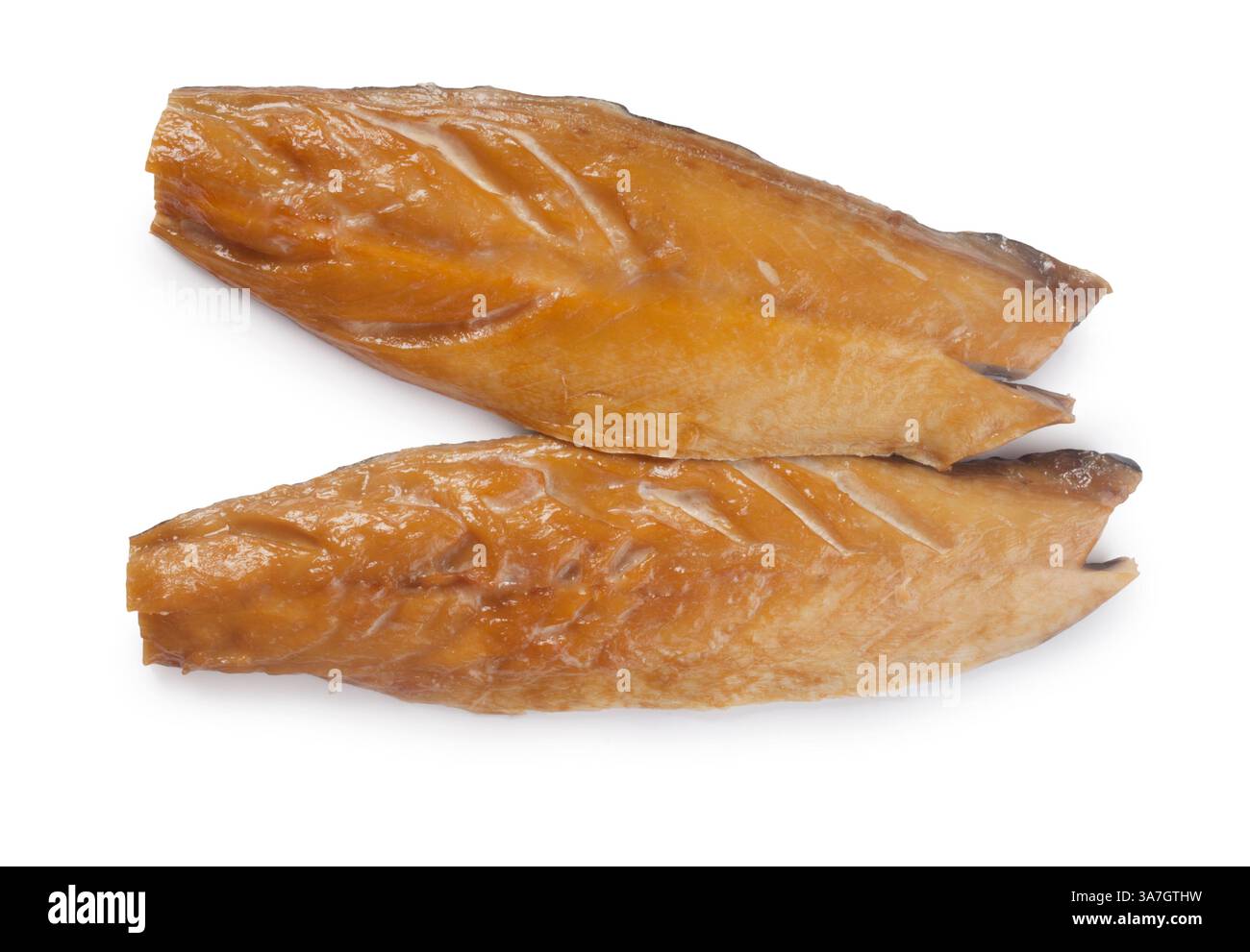 Studio shot of two mackerel fillets cut out against a white background ...