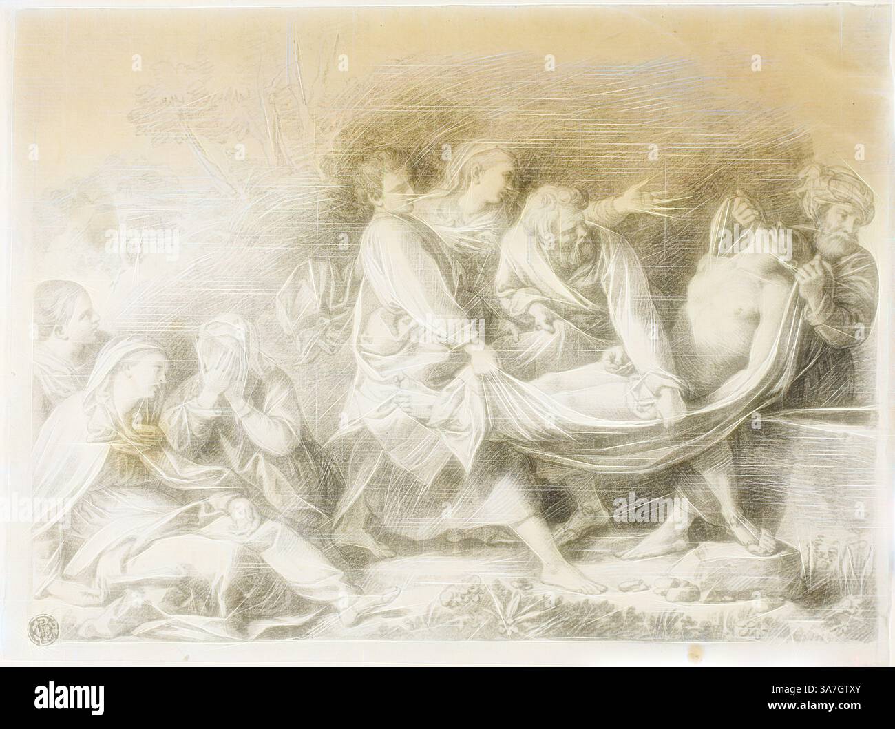 A group of figures engages in a somber procession, carrying a central ...