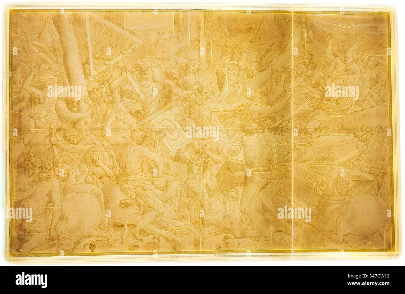 A dramatic and chaotic scene filled with figures engaged in battle ...