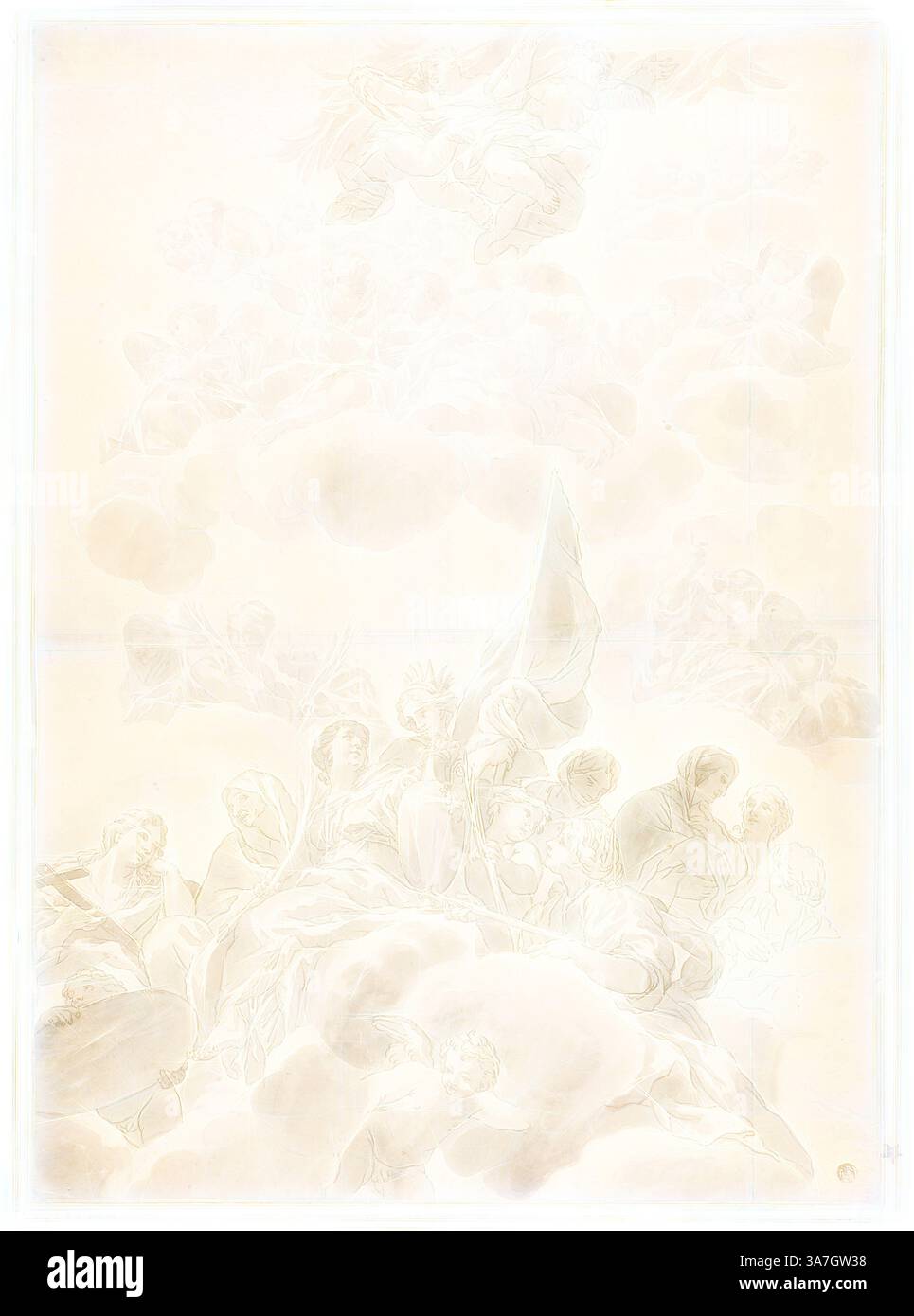 A celestial scene features ethereal figures gathered around a central ...