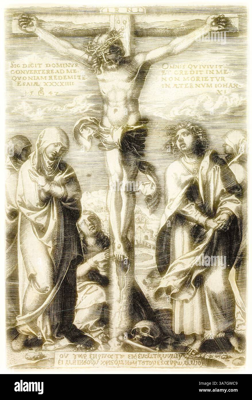 A central figure is depicted on a cross, surrounded by mournful figures ...