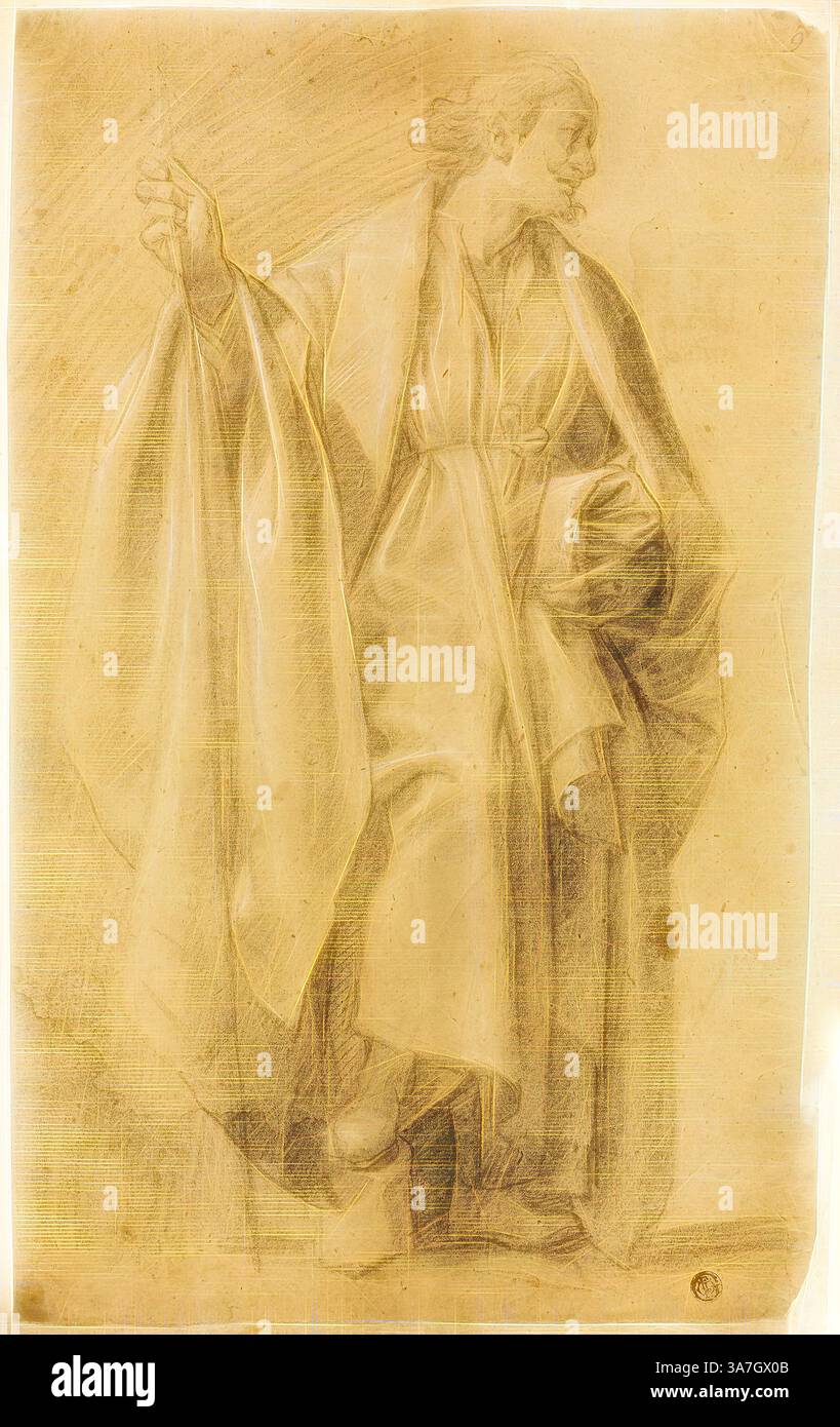 A figure draped in flowing garments strikes a dynamic pose, conveying a ...