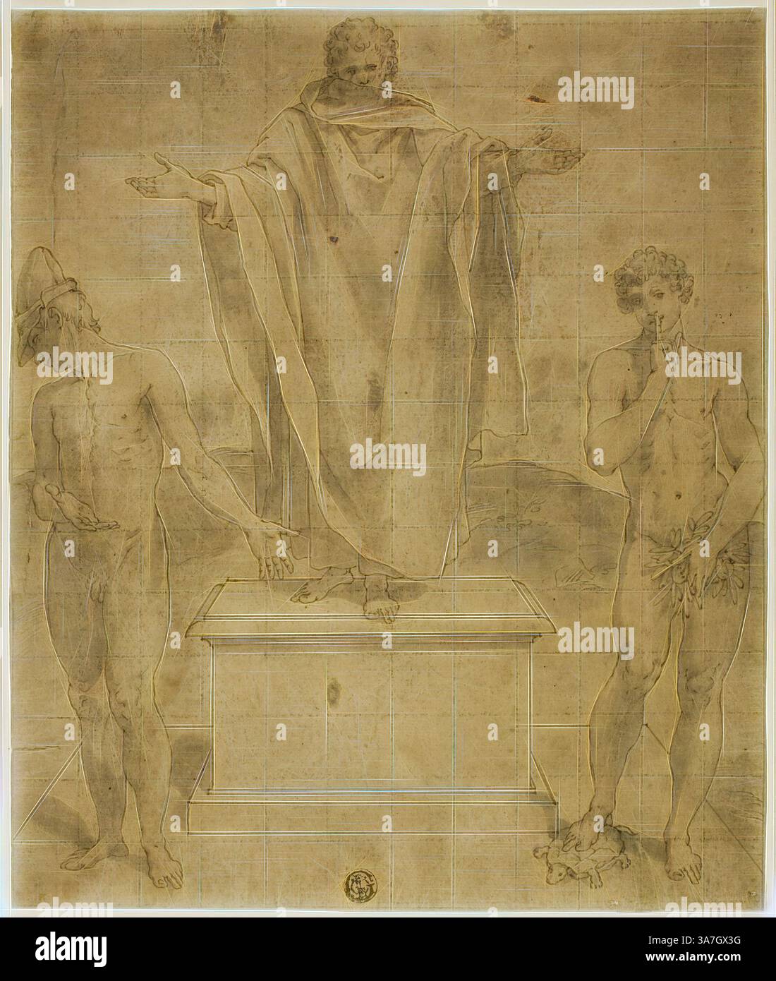 A classical depiction of three figures in a dramatic pose, with one ...