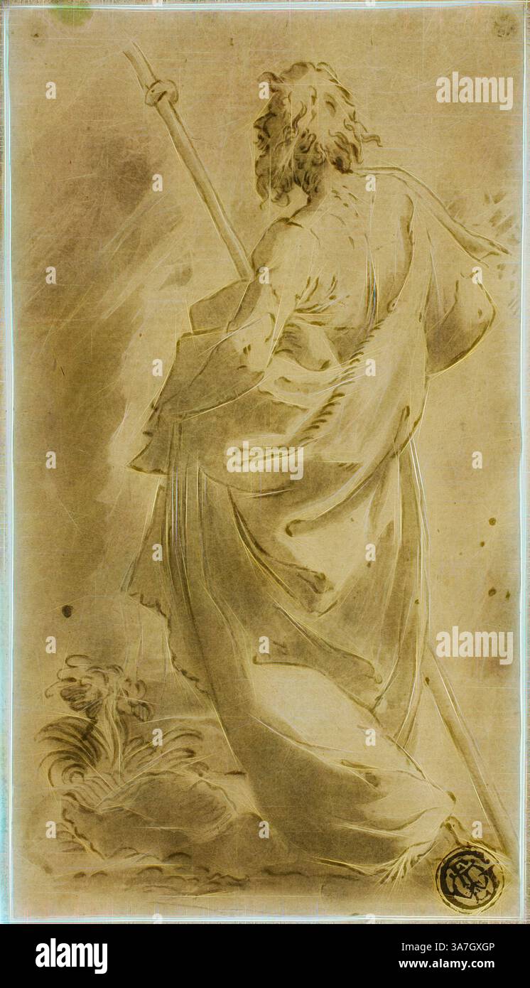 A figure draped in flowing garments stands in profile, holding a staff ...