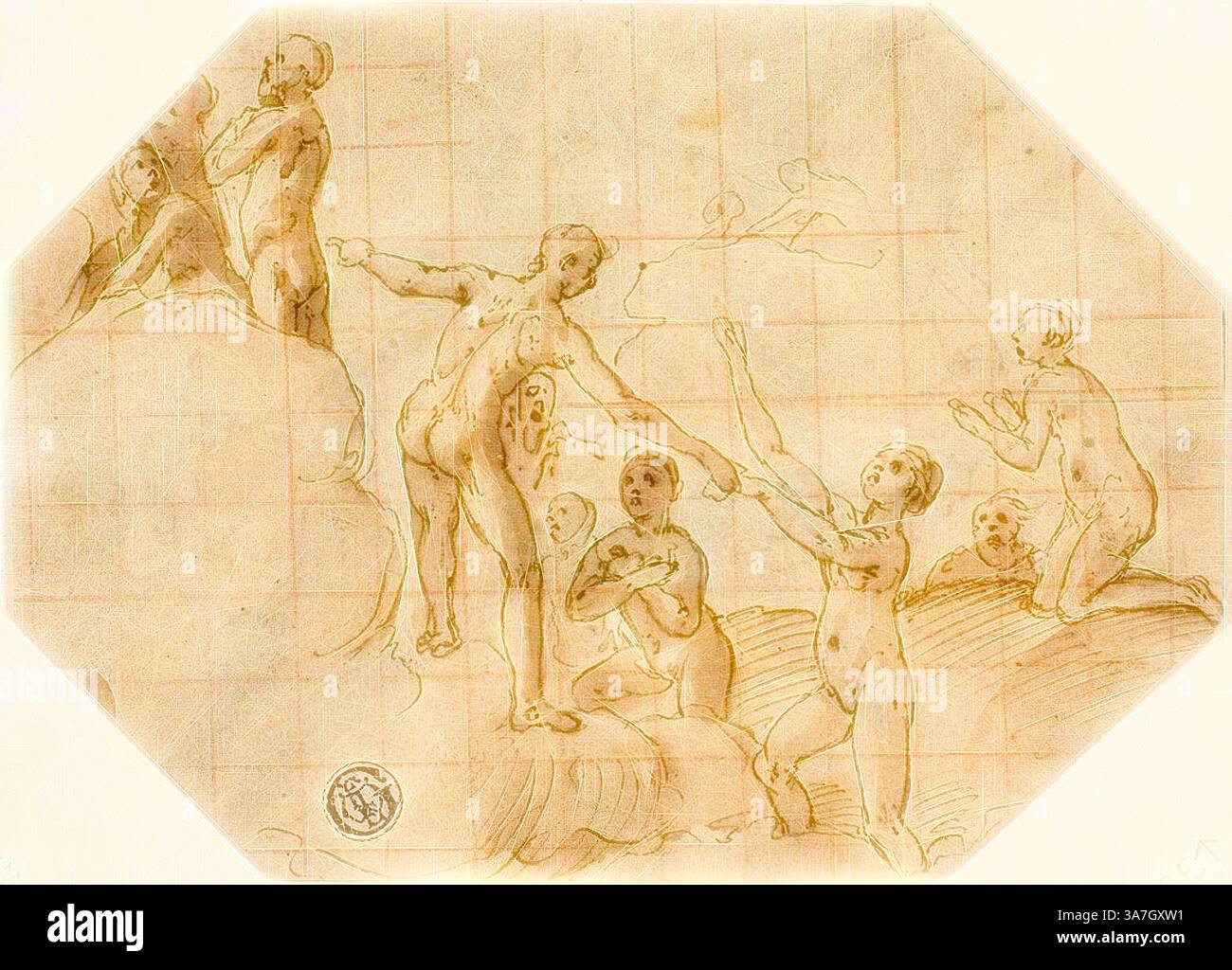 A group of figures in various postures, depicted with fluid lines ...