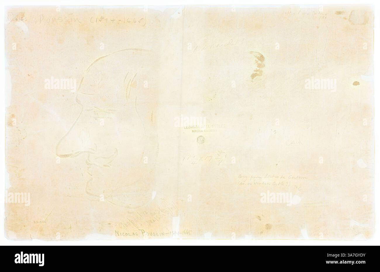 An aged paper features a faint outline of a face, characterized by a ...