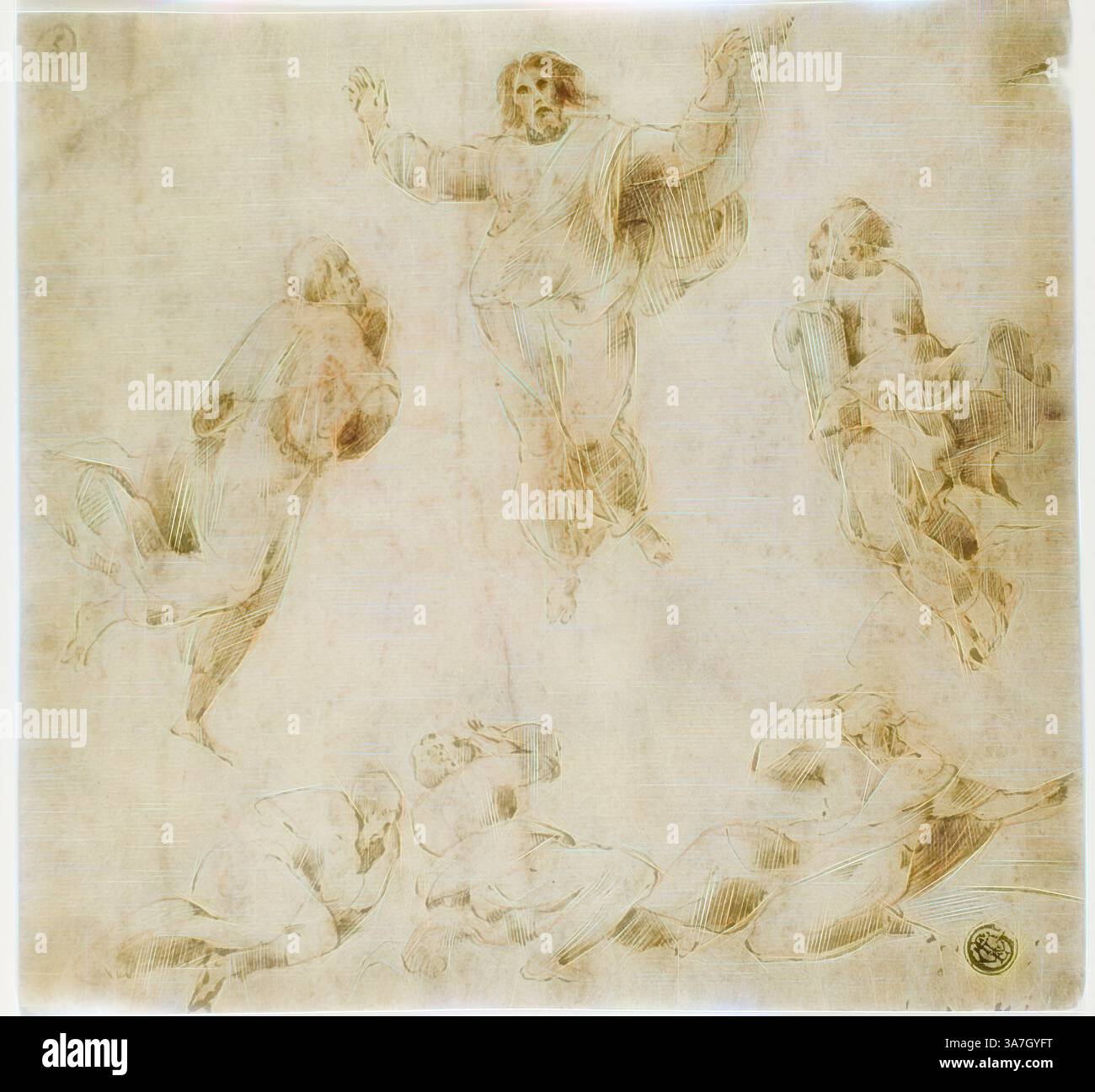 A dynamic scene depicting a central figure, possibly divine, ascending ...