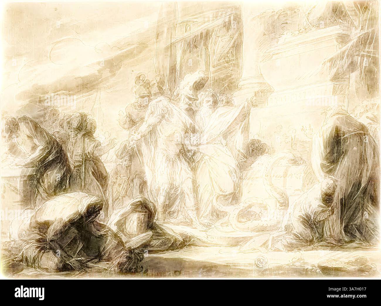 A dramatic scene depicts figures in elaborate clothing interacting ...