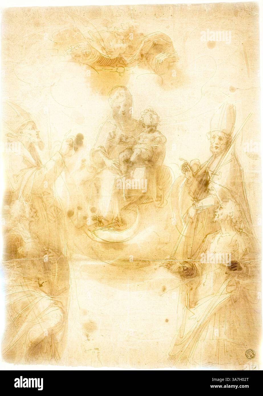 A revered figure holds an infant, surrounded by several solemn figures ...