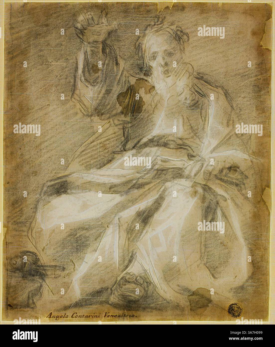 An expressive figure seated with one hand raised, draped in flowing ...