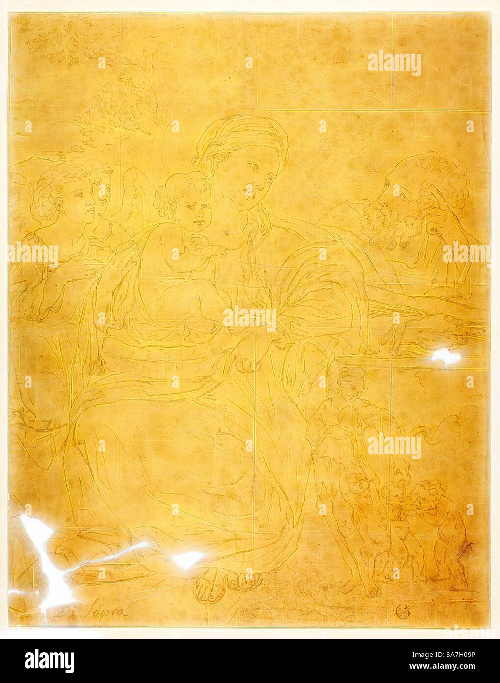 A serene representation of a mother holding a child, surrounded by ...