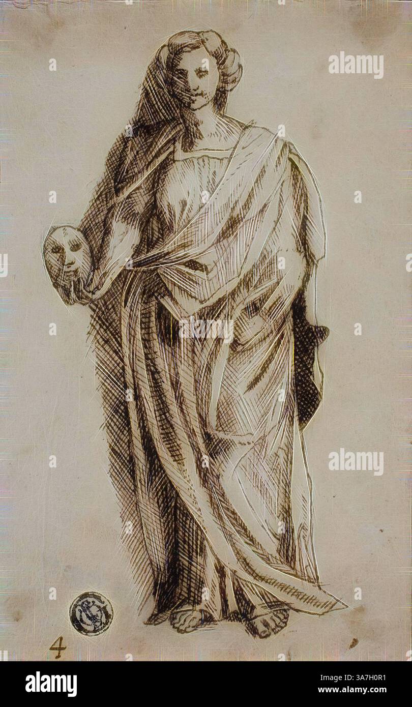 A figure draped in flowing robes holds a mask in one hand, embodying ...