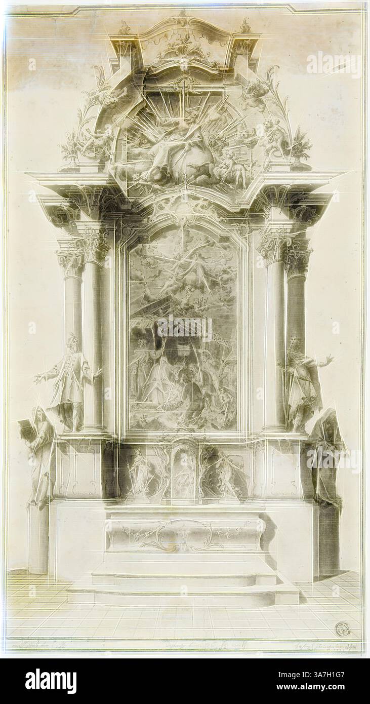 A grand architectural design showcases an ornate altar with intricate ...