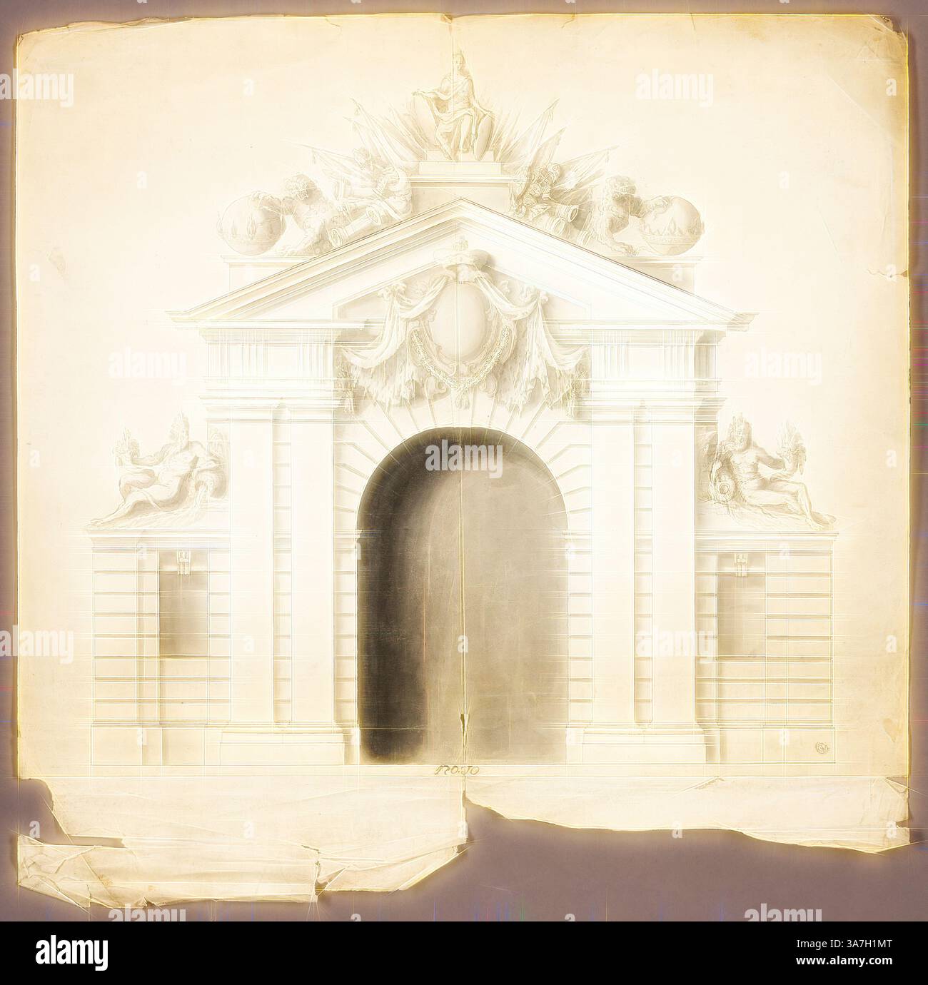 A grand architectural design featuring an ornate archway, adorned with ...