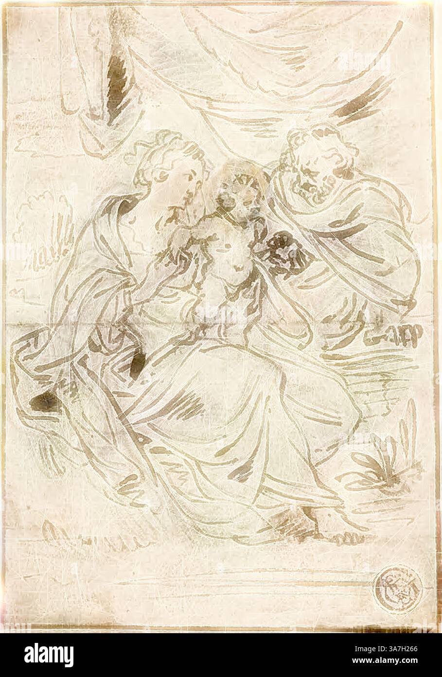 A tender moment captured between two figures and a small child, draped ...