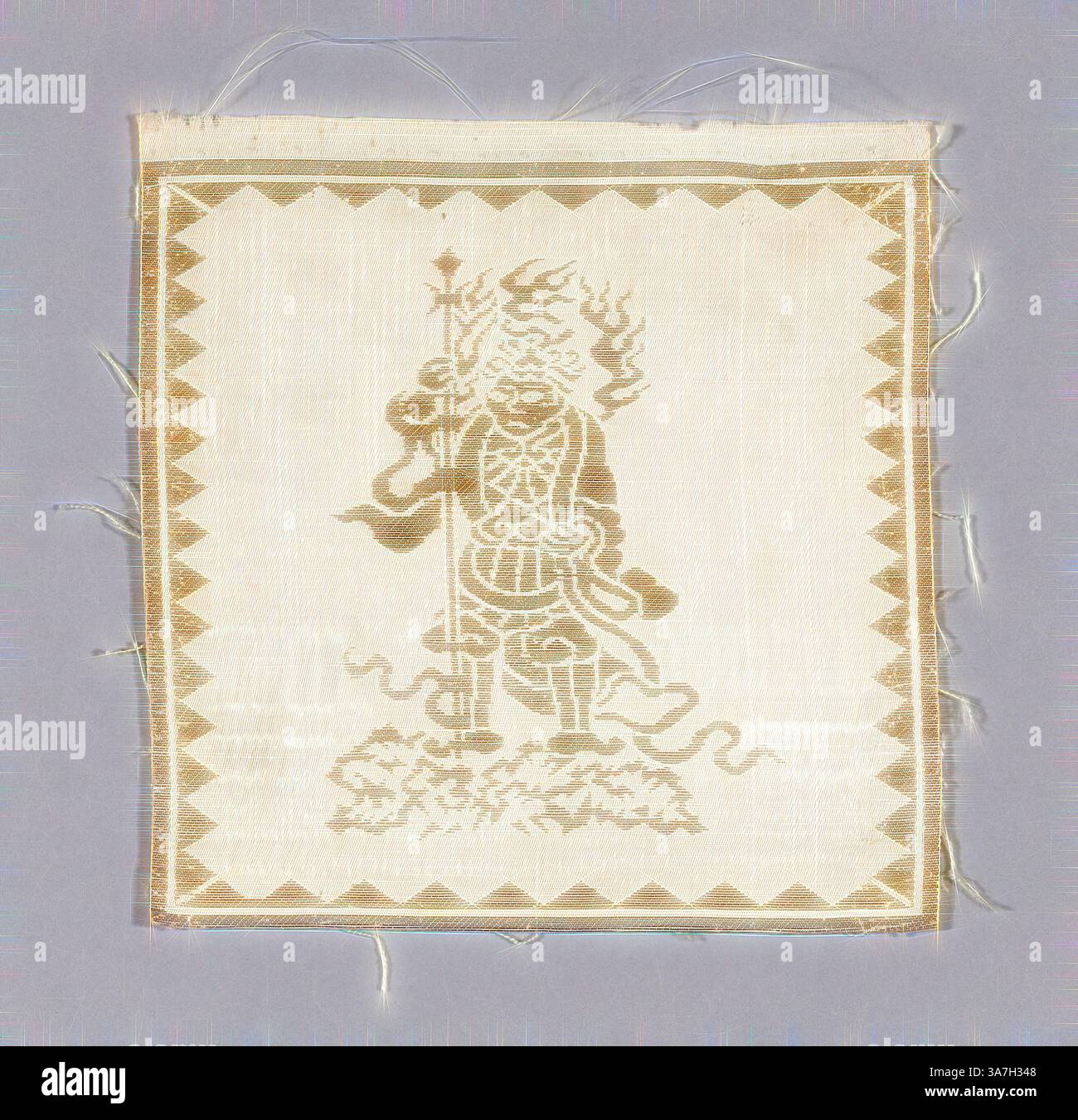 A detailed textile piece featuring a mythical figure, adorned with ...