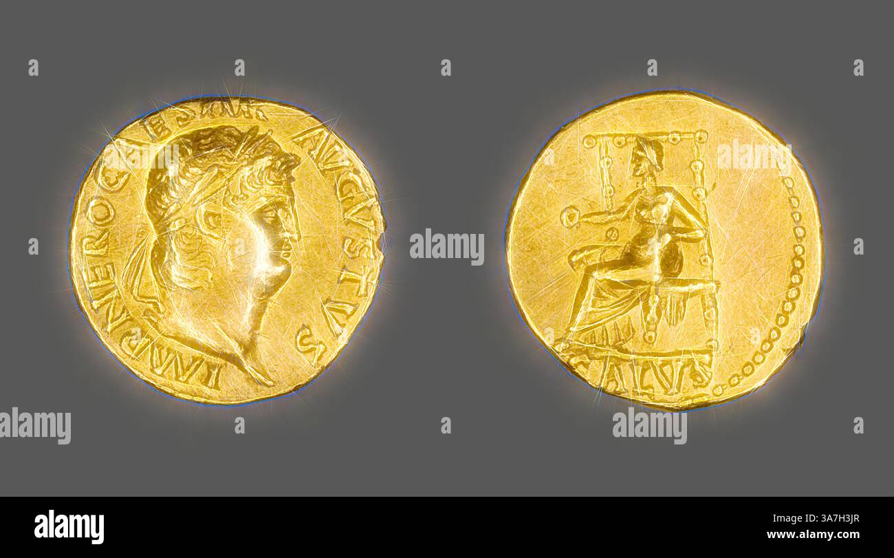 A golden coin featuring a profile of a regal figure, adorned with ...