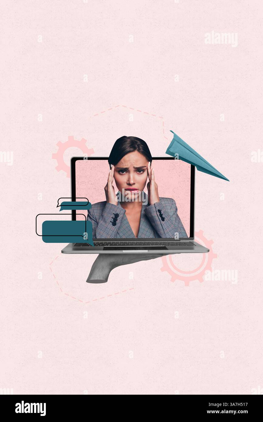 Image creative collage of business woman online meeting talking with computer display Stock ...