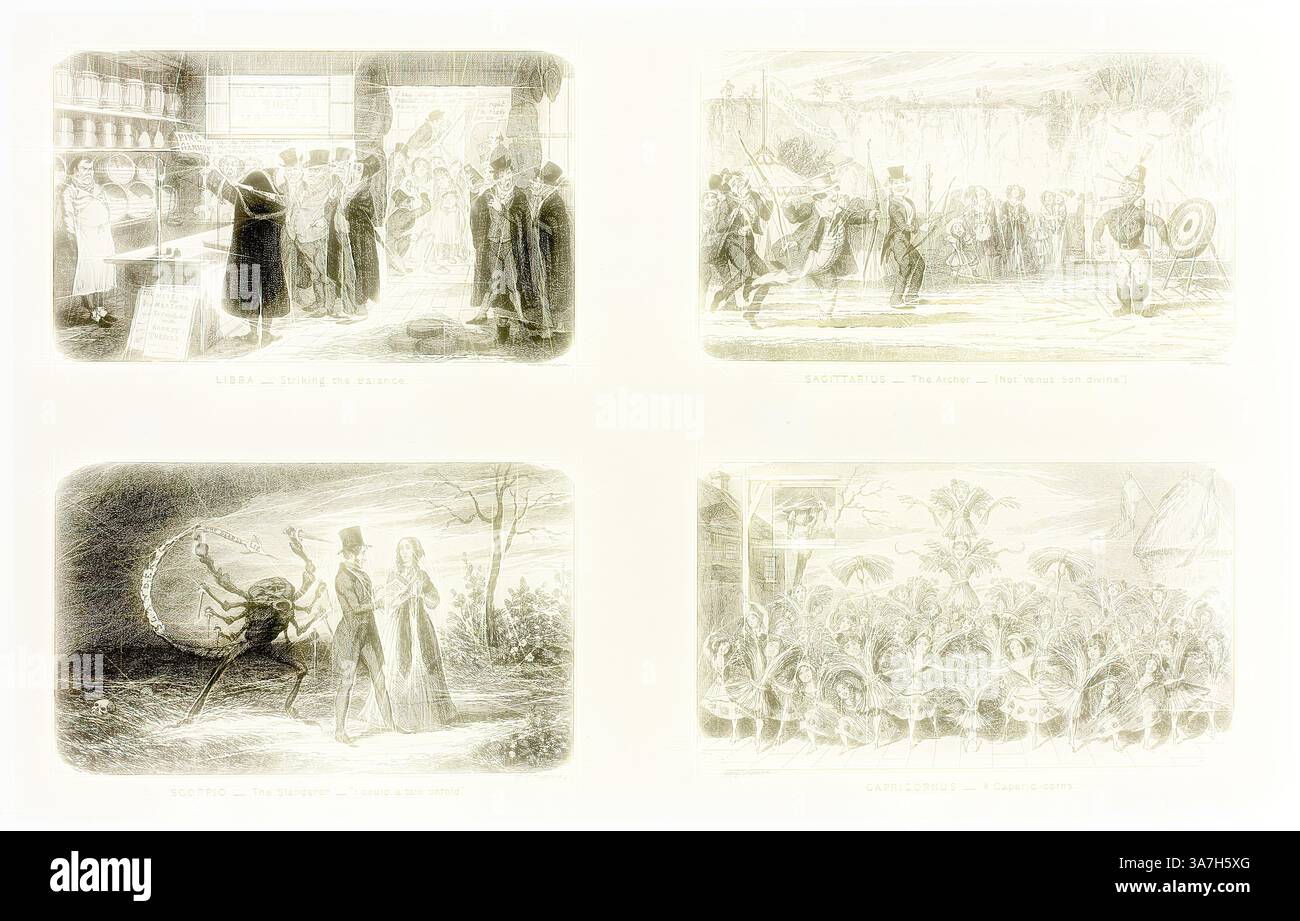 A collection of four scenes depicting various historical events: one ...