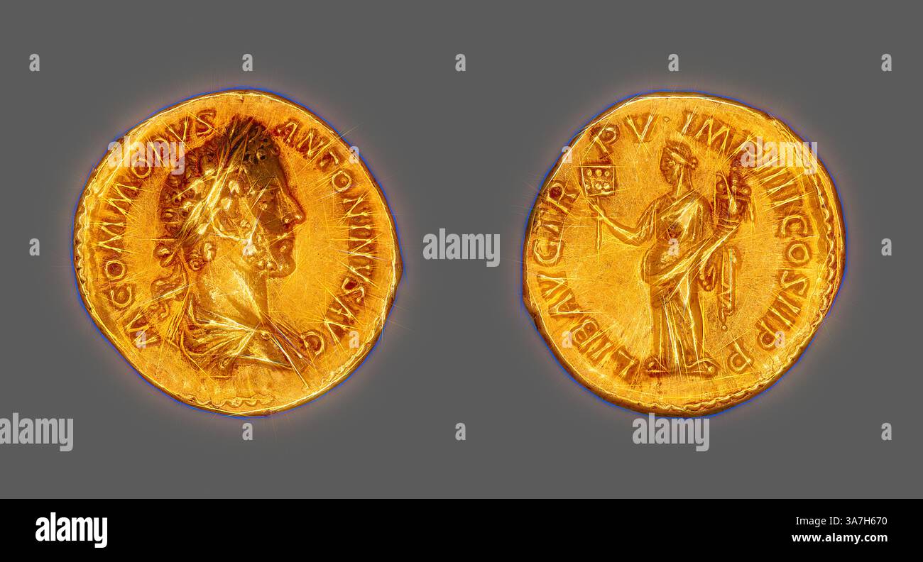 A gold coin featuring a detailed profile of a Roman emperor on one side ...