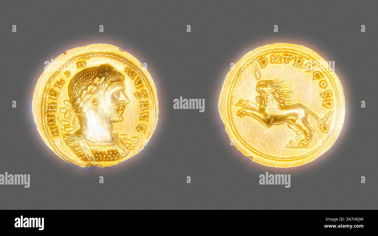 Ancient gold coin featuring a profile of a ruler on one side and a lion ...