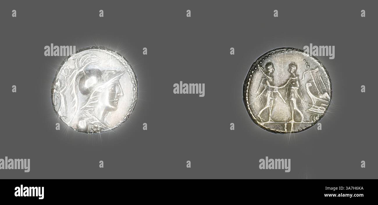 Two ancient coins are displayed side by side. One features a profile of ...