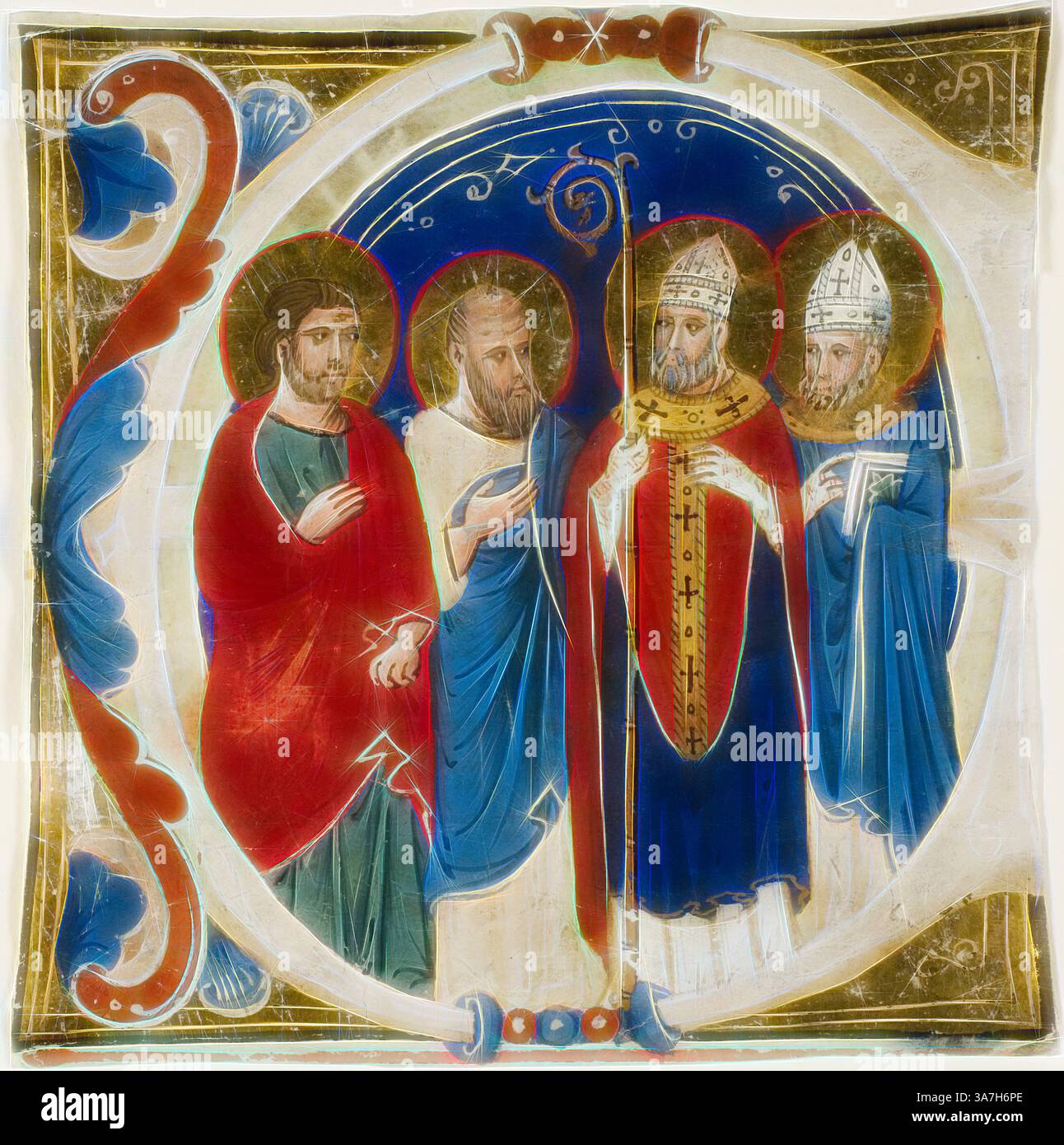 Four figures are depicted within an ornate circular frame, each adorned ...