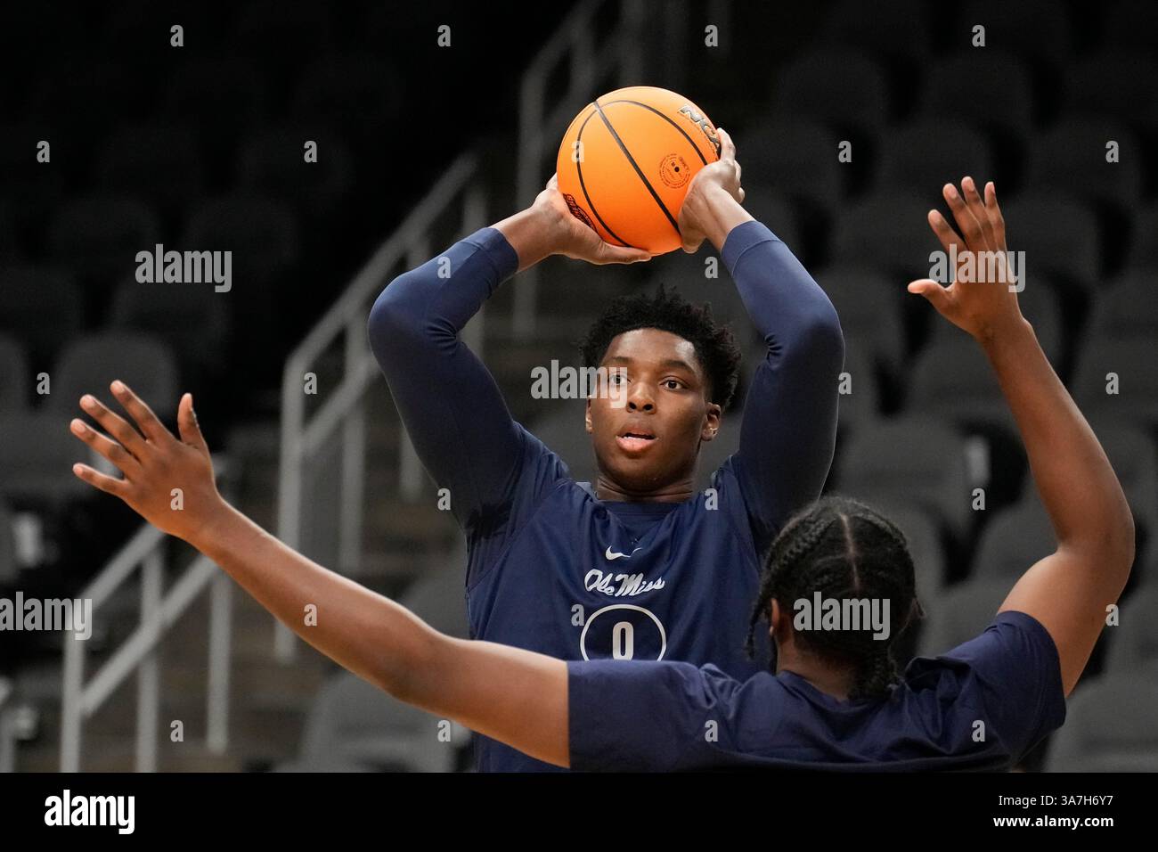 Mississippi forward Malik Dia (0) runs drills during practice before ...