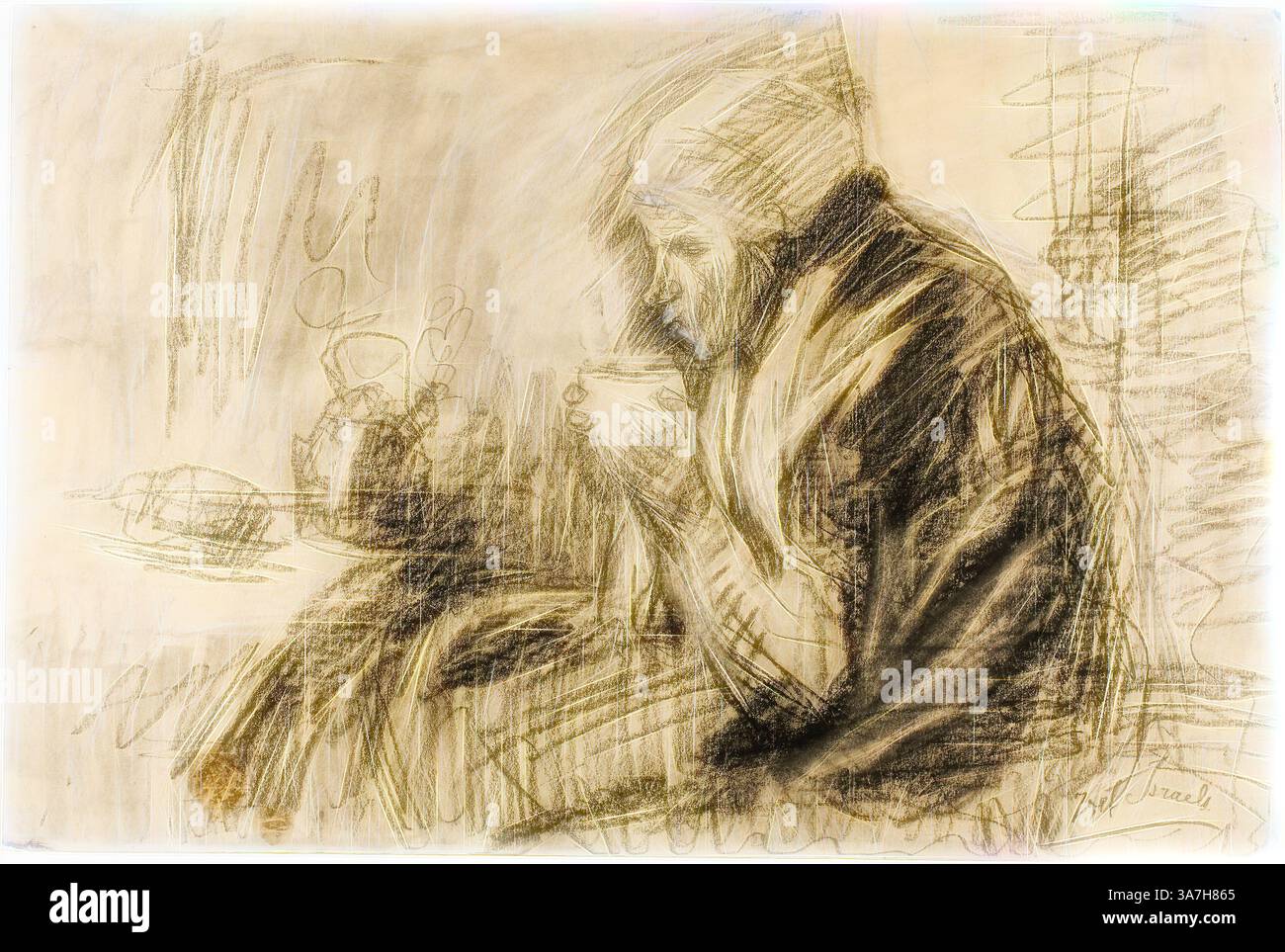 A solitary figure sits hunched over, cradling a cup, lost in ...