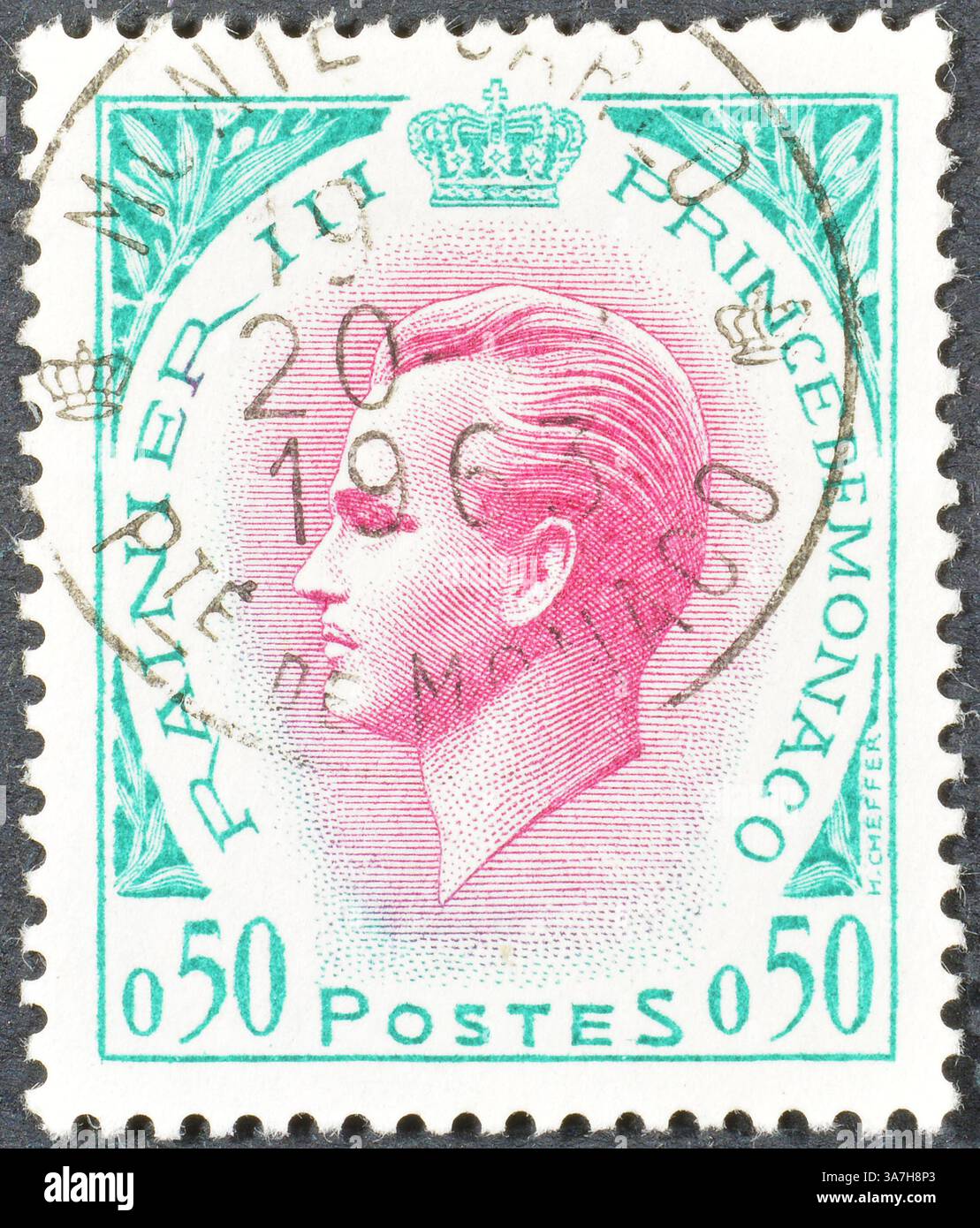 Cancelled postage stamp printed by Monaco, that shows portrait of Prince Rainier III (1923-2005 ...