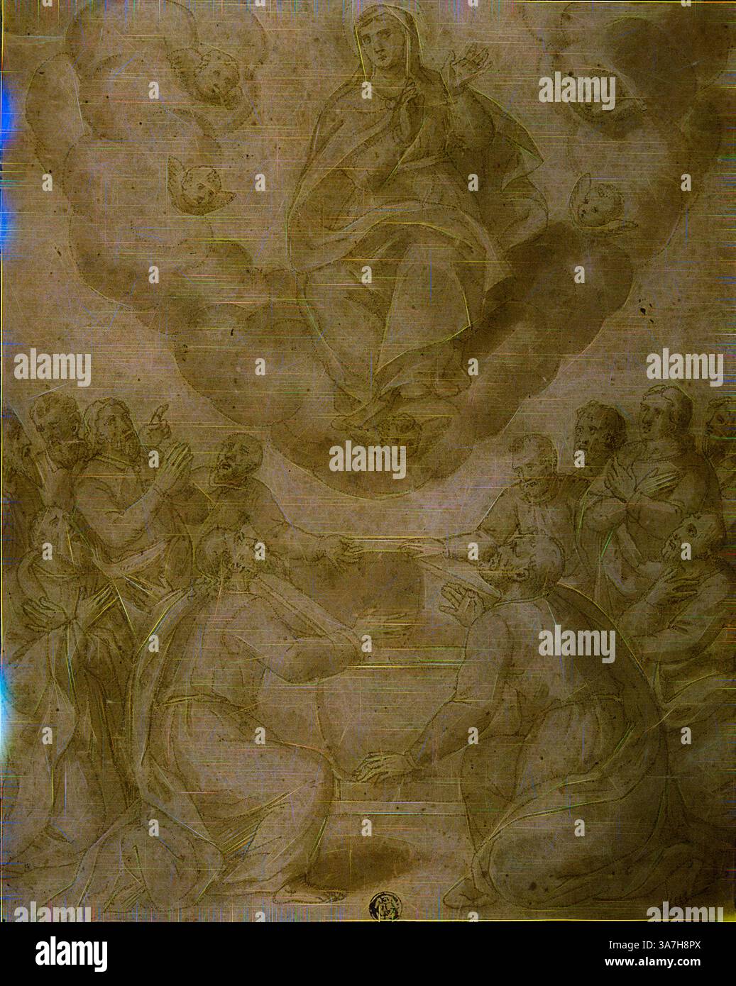 A celestial scene depicting the Virgin Mary ascending, surrounded by ...