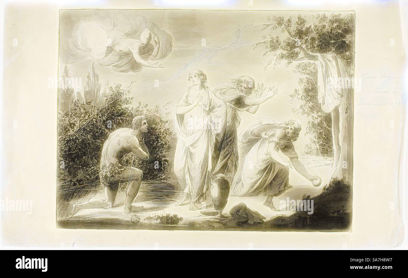 A classical scene depicting four figures, each engaged in various ...