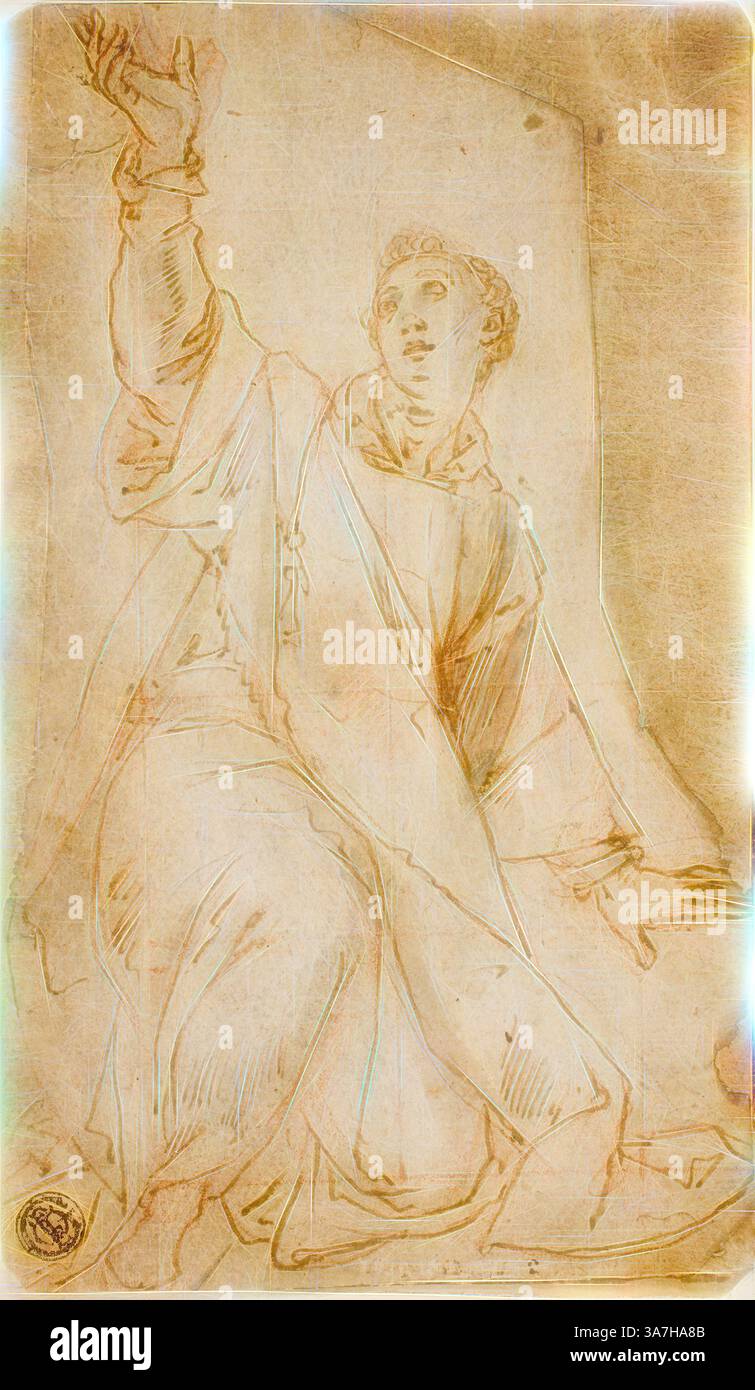 A figure depicted in a dynamic pose, reaching upwards with one hand ...