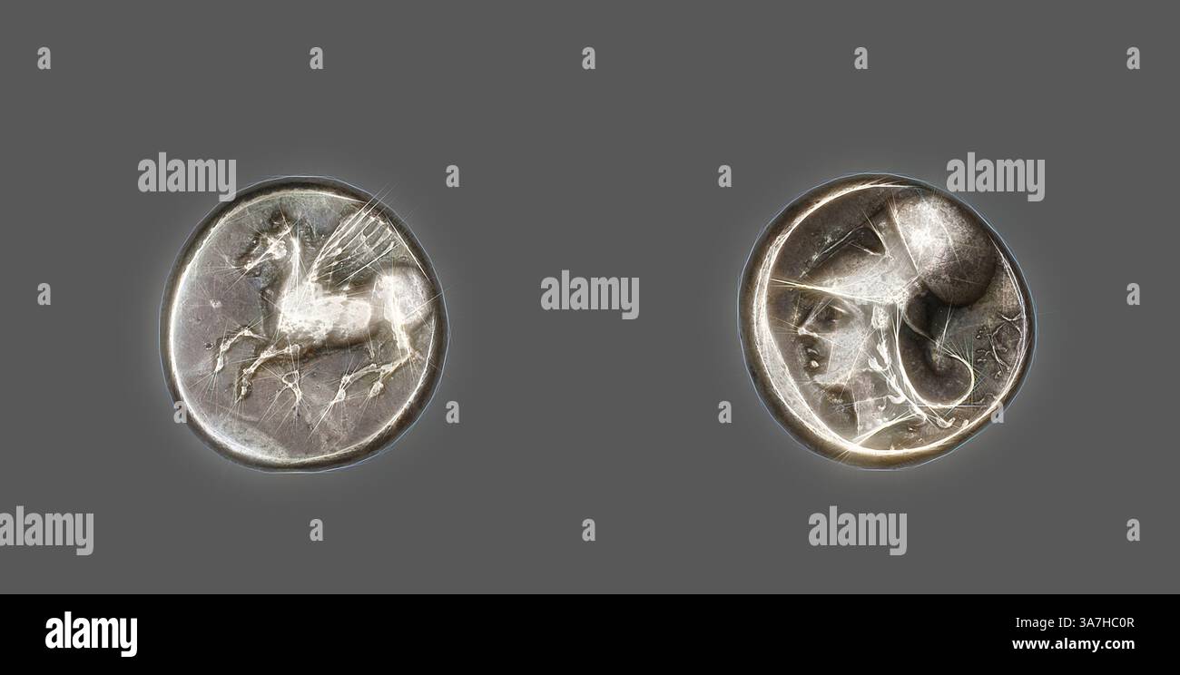 Two ancient coins displayed side by side: one features a winged horse ...