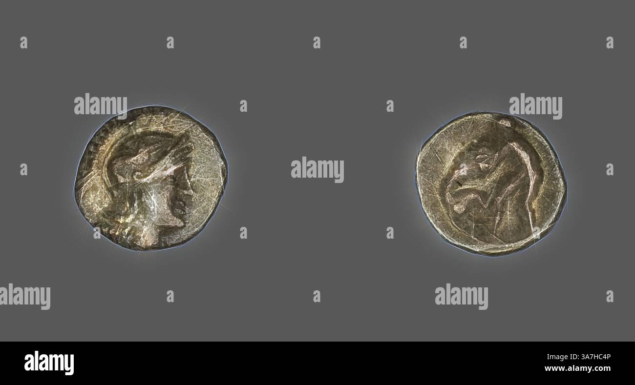 Two ancient coins, each displaying detailed engravings: one features a ...