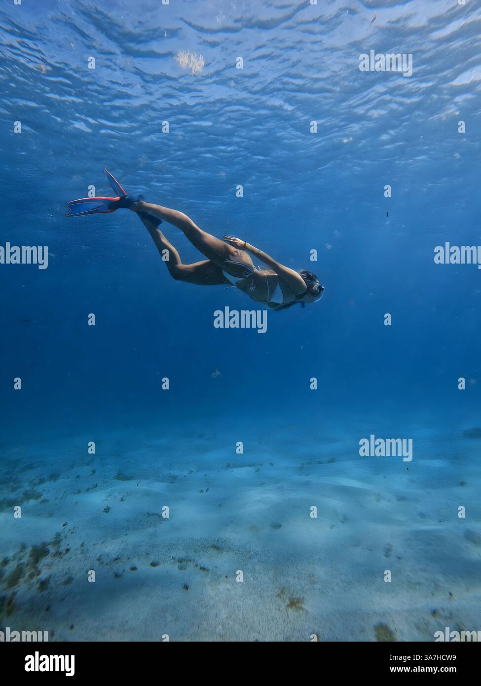 A woman snorkels in shallow blue water, her gaze directed toward the ...