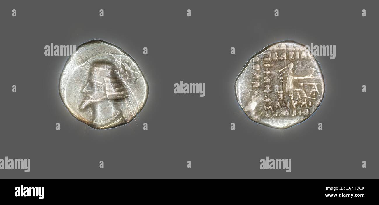 Two ancient coins are displayed side by side. One features a detailed ...