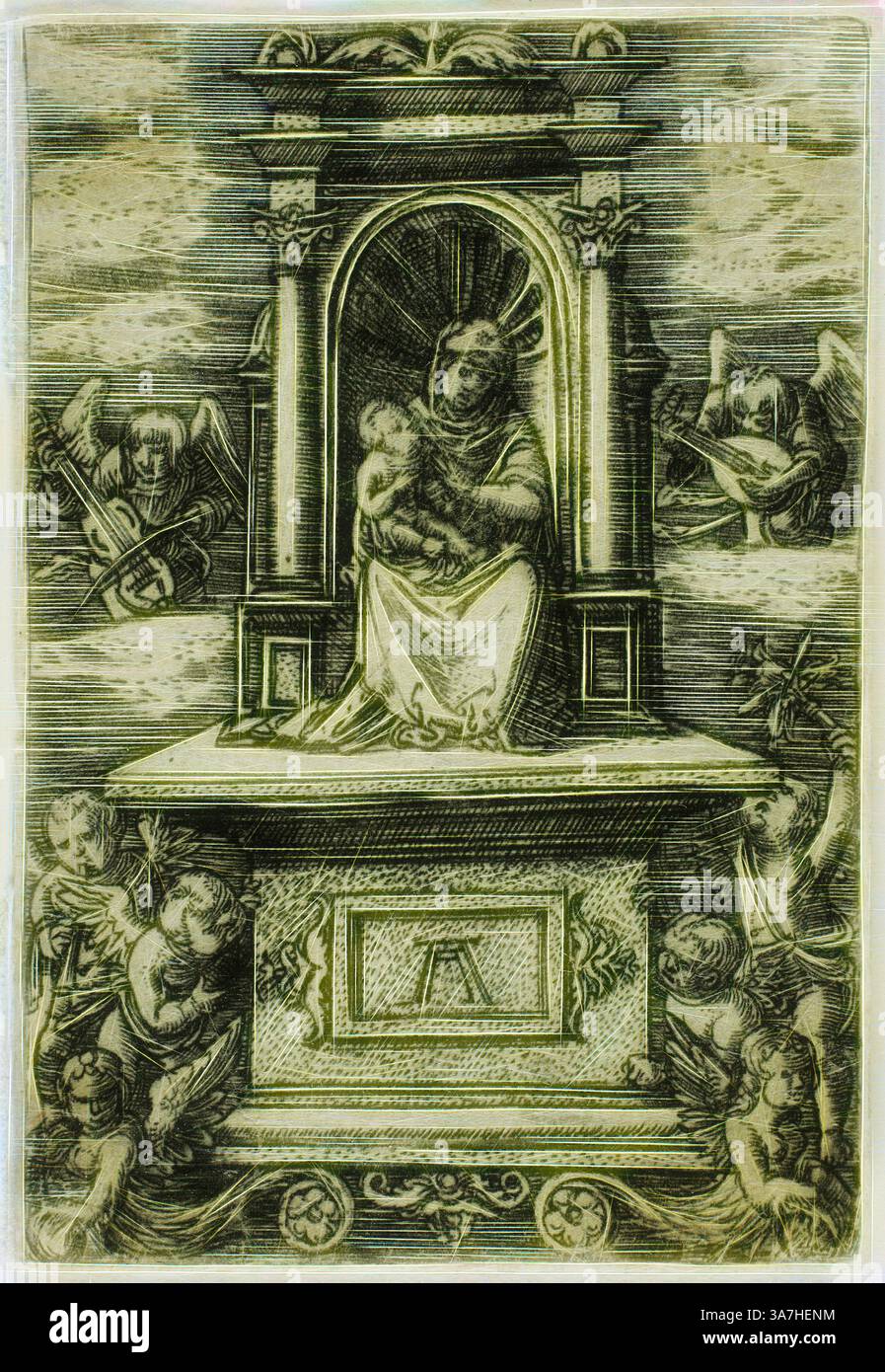 A serene depiction of a revered figure seated on a throne, cradling an ...
