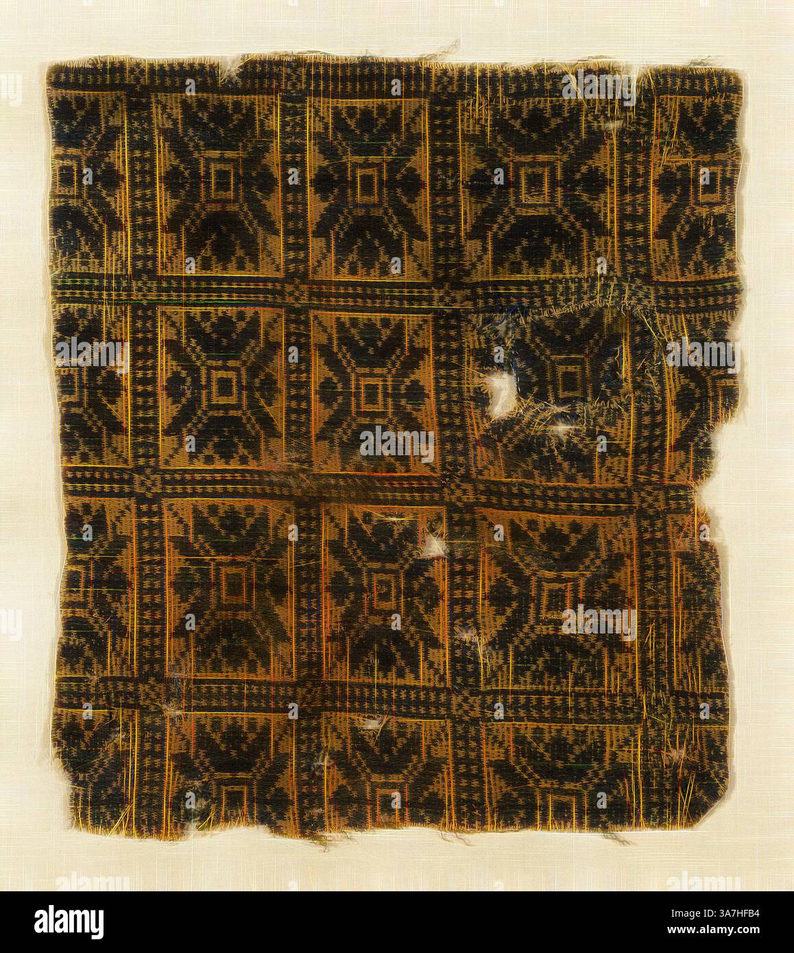 An intricate textile featuring a repeating geometric pattern in rich ...
