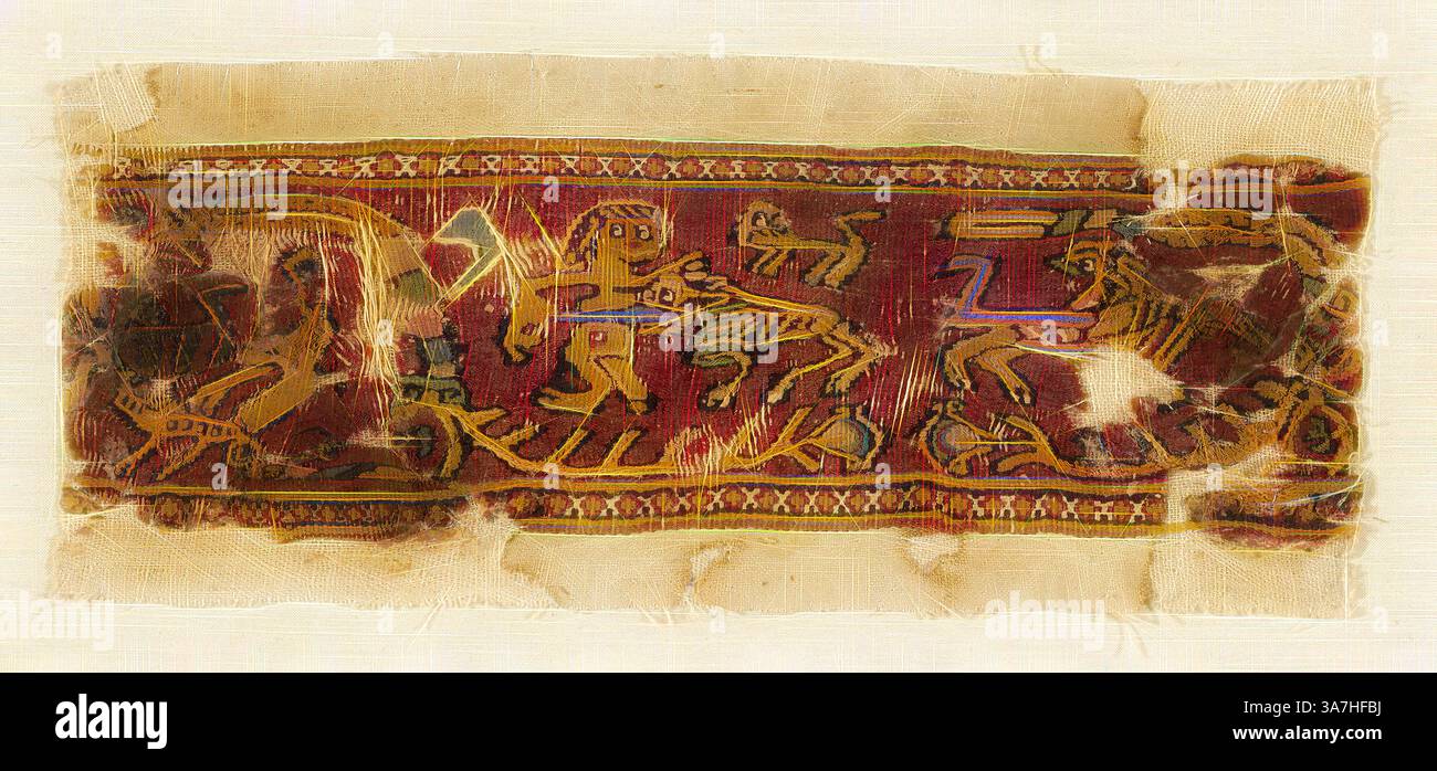 A vibrant textile piece featuring intricate designs of mythical ...