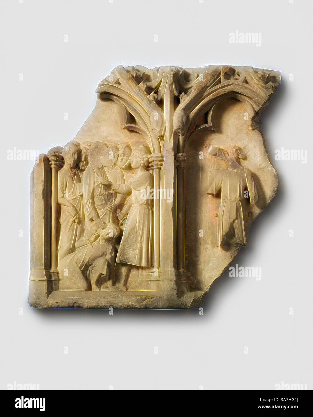 A detailed stone relief depicting a scene with several figures in ...