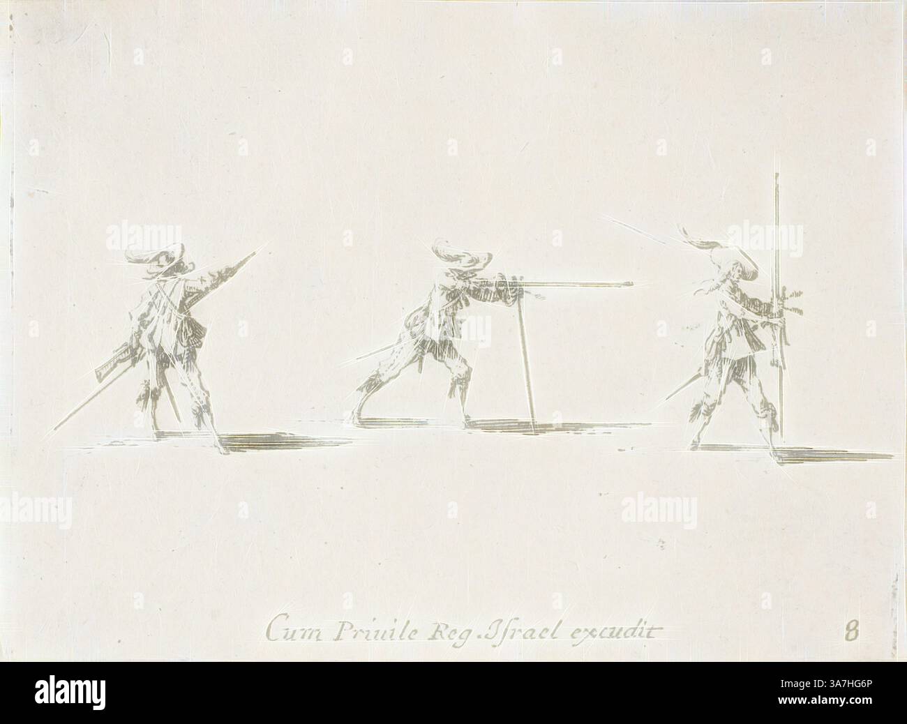A series of three figures engaged in a stylized combat stance, each ...